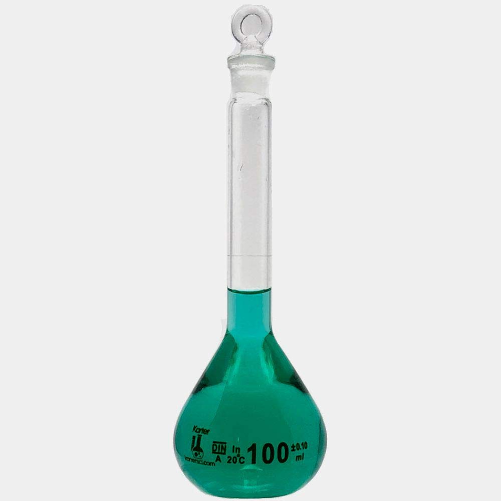 Volumetric Flask Set - 4 Sizes - 100, 250, 500, and 1000ml, 3.3 Boro Glass, Class A, Ground Stopper, Karter Scientific 213W18