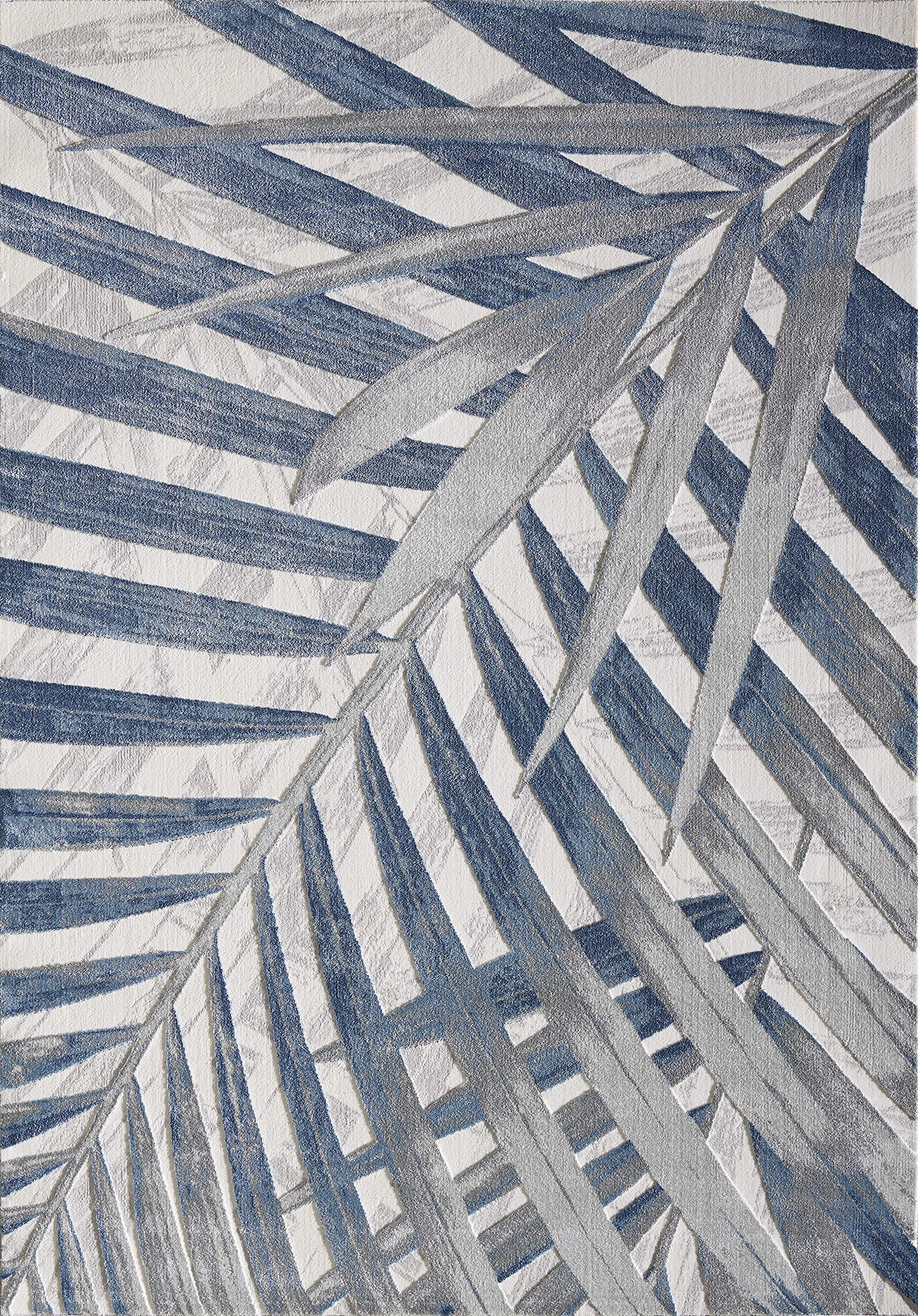 Abani 4' x 6' Blue Grey & Beige Floral Palm Leaf Pattern Area Rug Rugs - Nova Collection Modern Eclectic Style Accent Rug