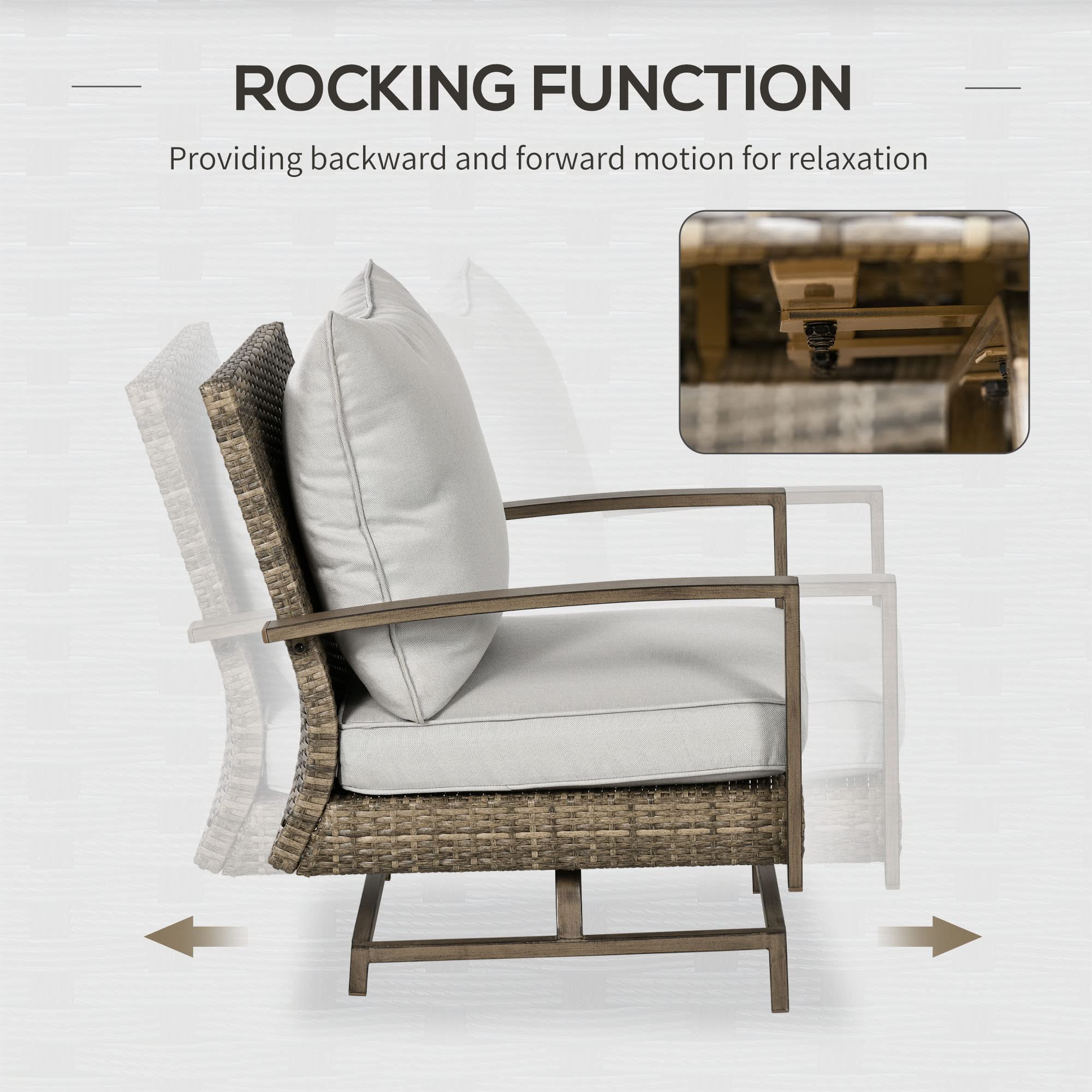 Outsunny 4 Piece Wicker Patio Furniture Set with 2 Rocking Chairs, Loveseat Sofa, Outdoor PE Rattan Conversation Set with Cushions, Aluminum Table for Porch, Poolside, Light Gray