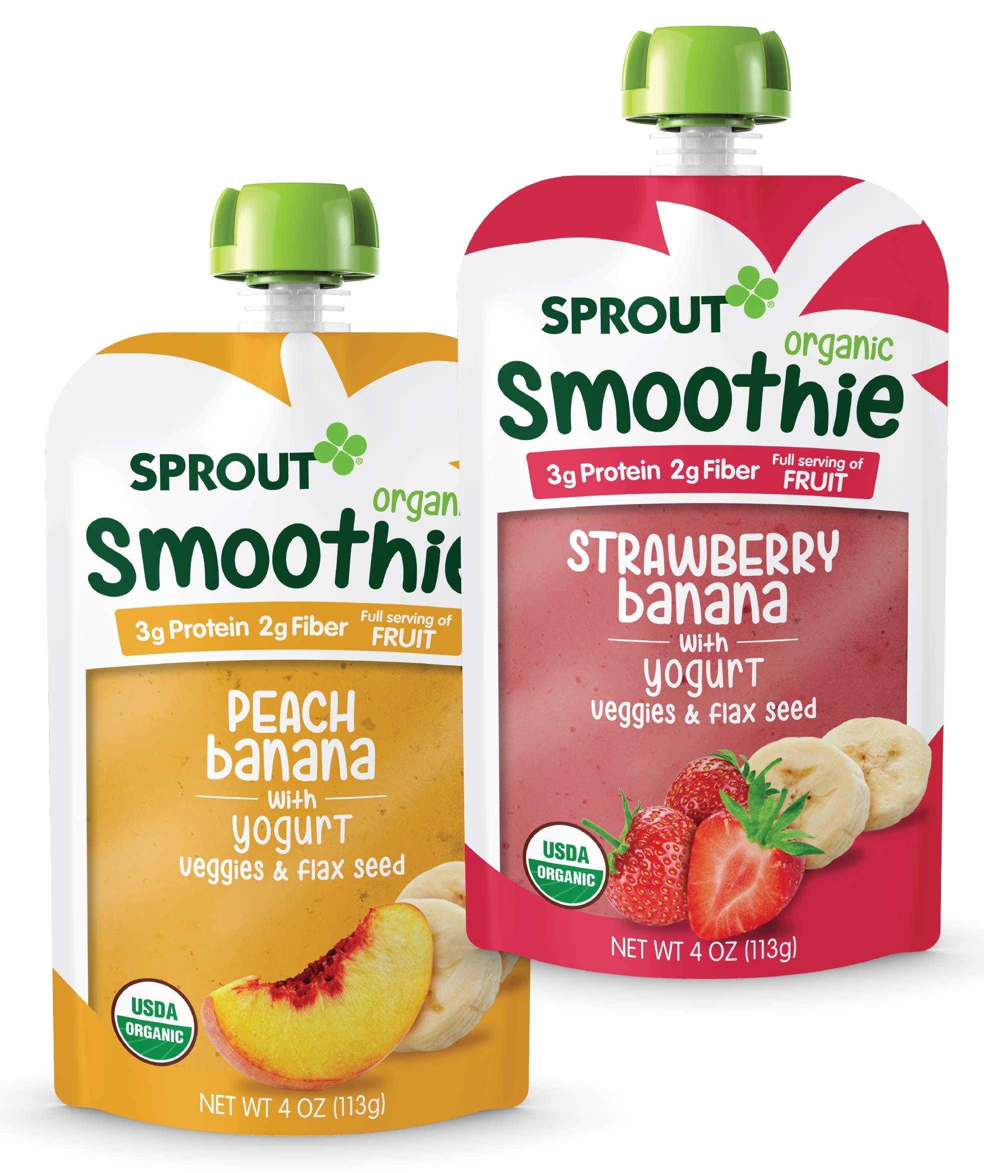 Sprout Organic Baby Food, Stage 4 Toddler Smoothie Pouches, Strawberry Banana & Peach Banana with Yogurt Variety Pack, 4 Oz Purees (Pack of 12)