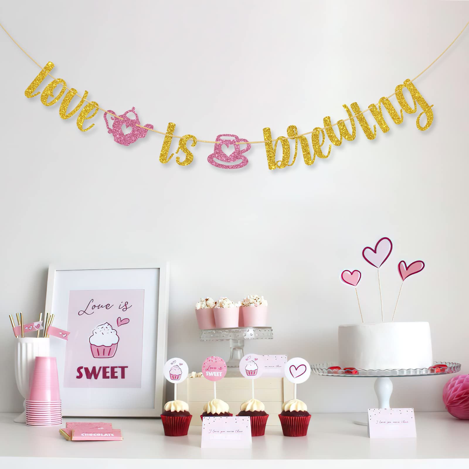 Dalaber Love is Brewing Banner for Wedding/Engagement/Bridal Shower/Bachelorette Tea Coffee Bar Decoration, Table Bunting Banner Sign Party Decorations