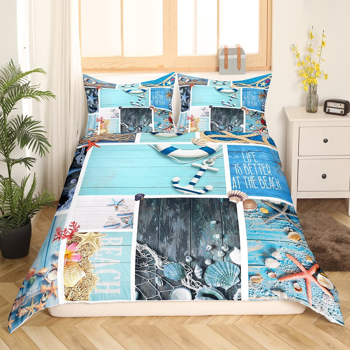 Erosebridal Nautical Theme Duvet Cover King Seashell Conch Starfish Bedding Set Sea Ocean Animal Comforter Cover 3D Beach Theme Patchwork Decor Bed Sets Coastal Lodge Cabin Bedding (No Comforter)