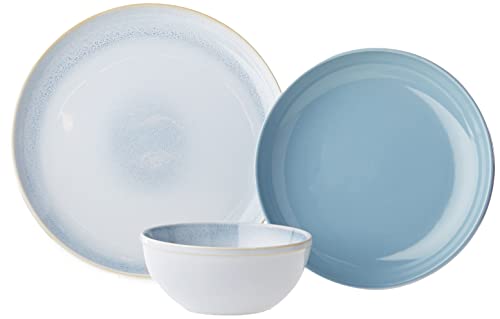 Corelle Stoneware 12-Pc Dinnerware Set, Handcrafted Artisanal Double Bead Plates and Bowls, Solid and Reactive Glazes, Dining Plate Set, Nordic Blue