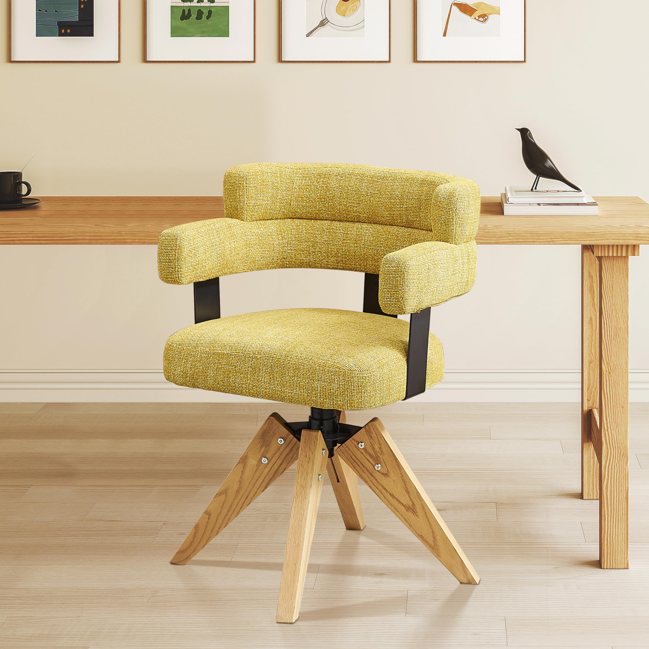Art Leon Mid Century Modern Chair - Home Office Desk Chair No Wheels, Swivel Accent Chair with Oak Wood Legs, OTE Fabric Upholstered Side Arm Chair for Living Room Bedroom, Yellow