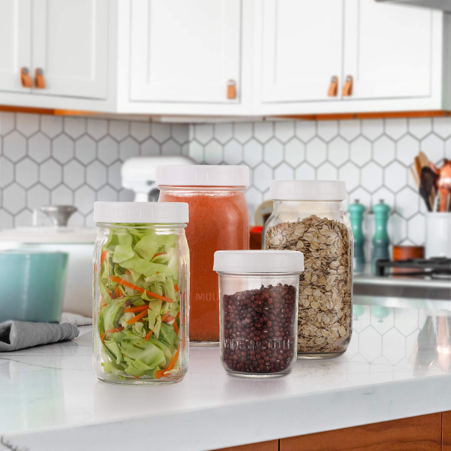 Aozita 16-Pack Plastic Mason Jar Lids with Sealing Rings - Storage Caps for Ball Kerr Canning Jars - 8 Regular Mouth and 8 Wide Mouth Jar Lids - 100% Sealing