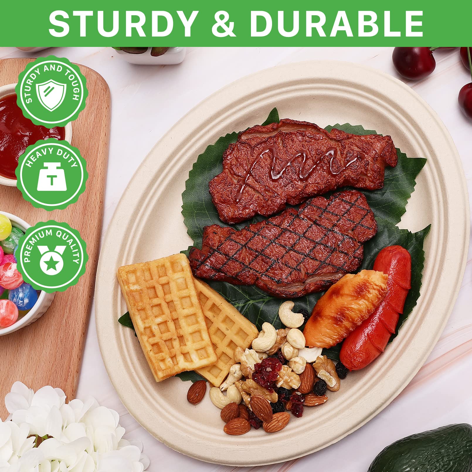 50 Pack Oval Paper Plates,100% Compostable Paper Plates,12 inch Paper Plates Heavy Duty,Disposable Paper Plates,Natural Bagasse Unbleached Eco-Friendly Sugarcane Plates for BBQ Party Picnic Gathering