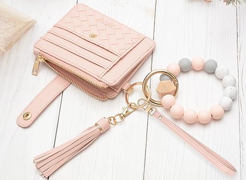 COOLANS Wristlet Bracelet Keychain Pocket Credit Card Holder Purse Tassel Keychain Bangle Key Ring for Women (Silicone Bead Bracelet+Card Purse (Pink))