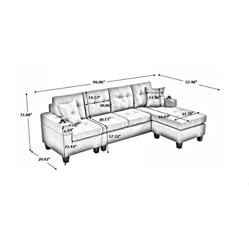BIADNBZ Sectional Sofa Couch with Reversible Chaise Lounge and Cupholders, Modern L-Shaped Living Room Set w/2 Pillows for Apartment, Black