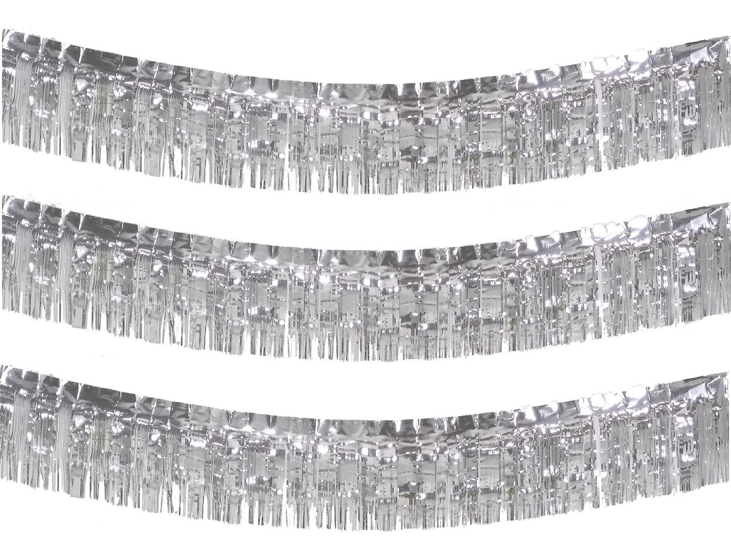 Blukey 10 Feet Long Roll Foil Fringe Garland - Pack of 3 | Shiny Metallic Tassle Banner | Ideal for Parade Floats, Bridal Shower, Wedding, Birthday | Wall Hanging Fringe Garland Banner (Silver)