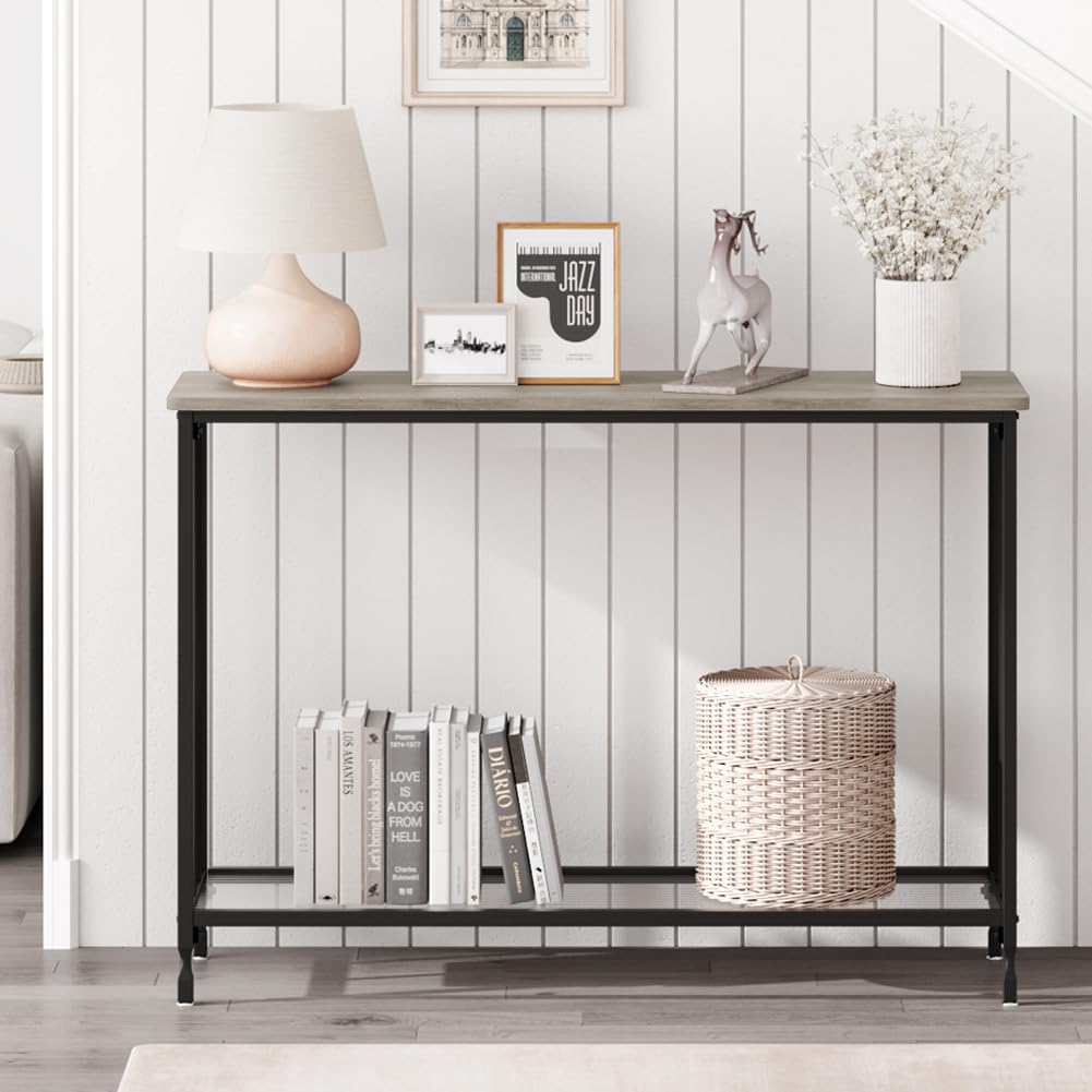 IDEALHOUSE 33.5" Narrow Console Table, Small Entryway Table with Glass Shelf and Metal Frame, Sofa Table Narrow Long Behind Couch Table, Modern Gold