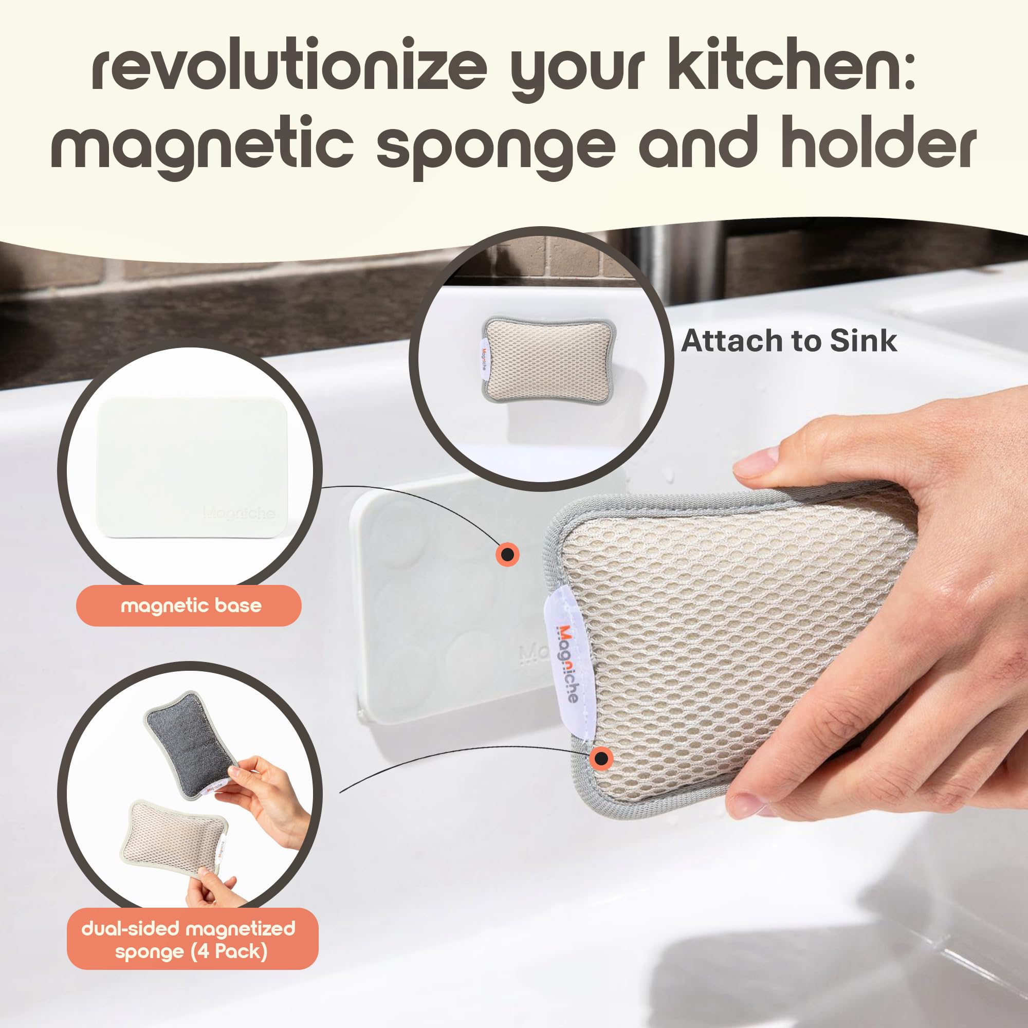 Magniche Magnetic Sponge Holder System -3-in-1 Kitchen Cleaning Combo- Magnetic Sponge Holder for Kitchen Sink, 4 Dual-Sided Dish Sponges & Scrubber, 1-Year Supply Sponges, Long-Lasting Dish Sponge