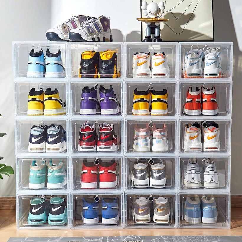 ANIMEWRLDS 6-Pack Clear Shoe Box Containers with Air Ventilation & Magnetic Door | Stackable, Durable, Transparent Storage for Sneakers, Heels, Boots, Bags & Fits up to Maximum Size of US12 (White)