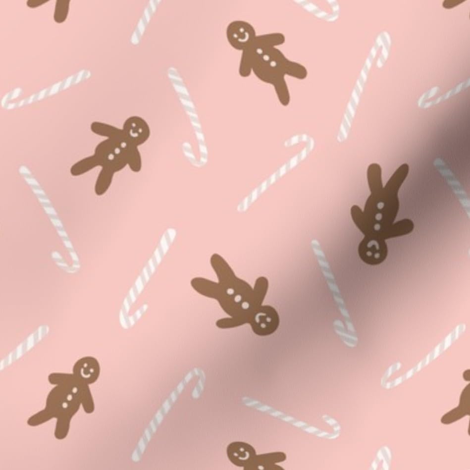 Spoonflower Fabric - Candy Canes Christmas Treats Gingerbread Man Pink Brown Small Scale Printed on Petal Signature Cotton Fabric Fat Quarter - Sewing Quilting Apparel Crafts Decor