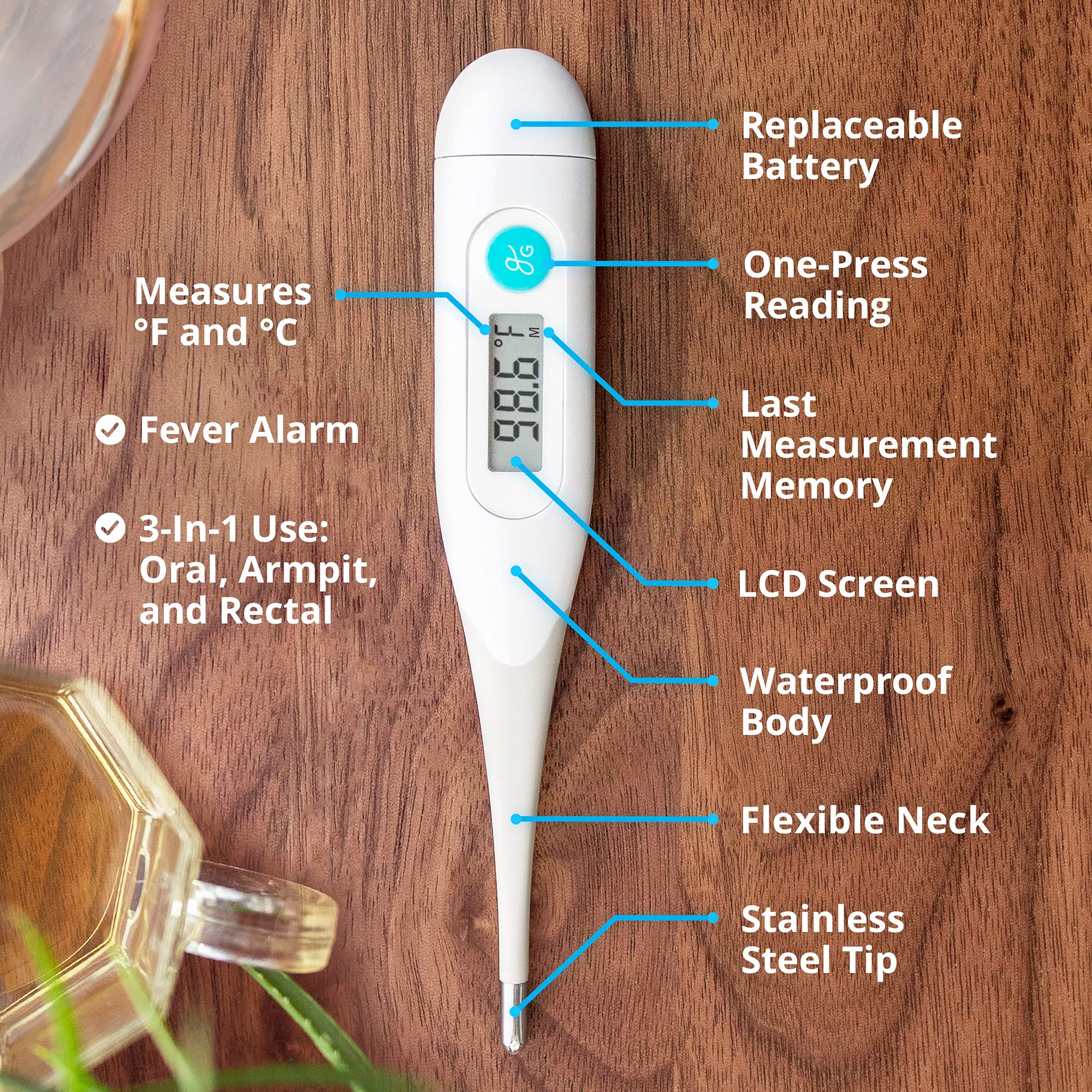 Greater Goods Digital Thermometer – 10-Second Fast Readings for Adults and Kids, Flexible Tip, Fever Alarm, Oral, Rectal, and Underarm Use, FSA/HSA Eligible