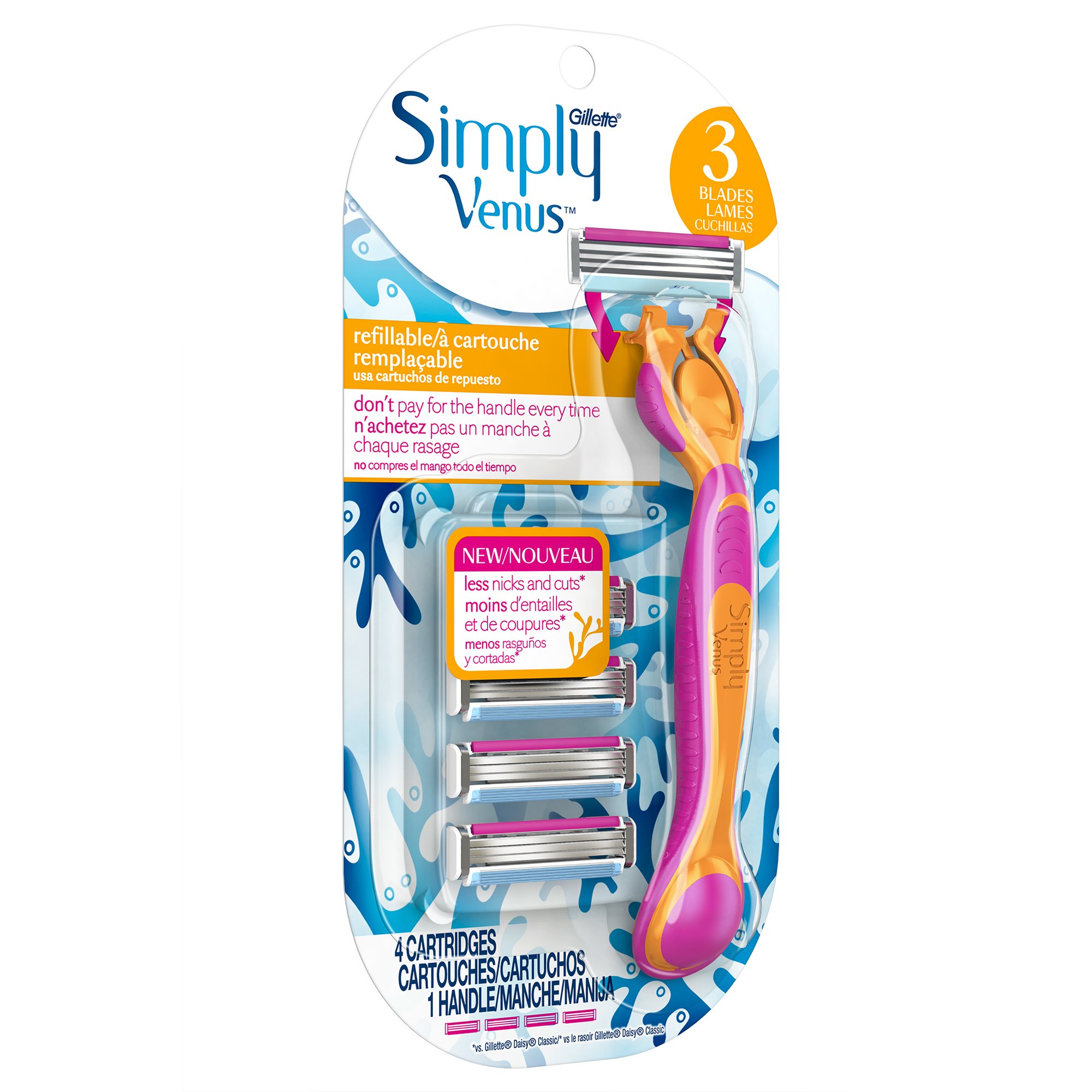 Gillette Simply Venus Refillable 3 Blade Razor with 4 Cartridges Refills - Pivoting Head & Moisture Strip, Womens Razors / Blades