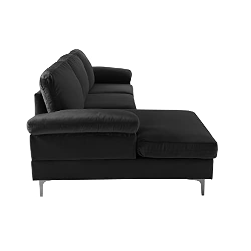 BENDIC Modern Velvet Fabric, L-Shape Couch with Extra Wide Chaise Lounge and Removable Cushions, Sectional Sofa for Living Room, Left Hand Facing,Up to 3 Seating Capacity,Black