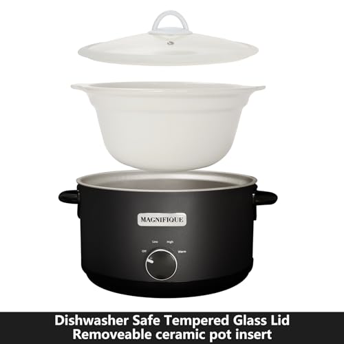 Magnifique 5 Quart Slow Cooker Round Manual Pot Food Warmer with 3 Cooking Settings, Stainless Steel Black and White Ceramic pot