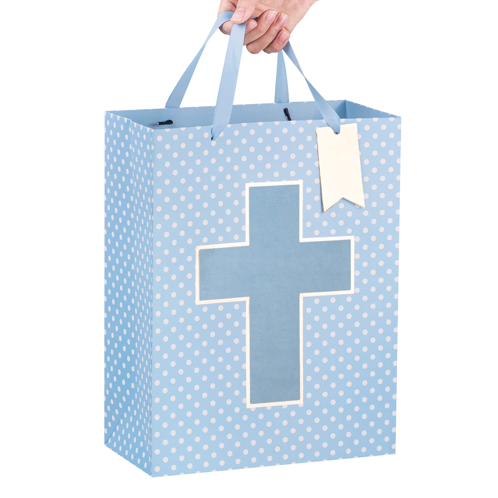Loveinside Blue Gift Bag with Cross Design, Tissue Paper for Baby Boy Baptisms, Christenings, First Communions Religious Occasion- 10" x 5" x 13", 1 Pcs