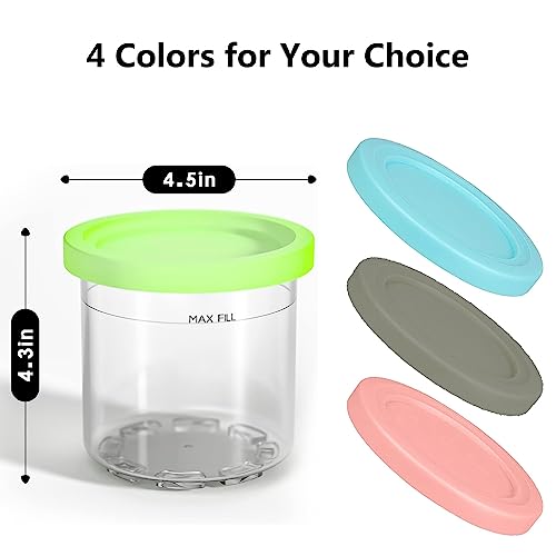 BBAUER Ice Cream Pints Containers 4 Pack for Ninja Creami Pints and Lids,16oz Cup Compatible with NC301 NC300 NC299AMZ Series Ice Cream Maker,Reusable,4 PC Ice Cream Spoons,Pink/Green/Grey/Blue