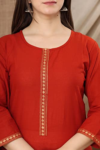 Chandrakala Women's Rayon Tunic Top Lace Work 3/4th Sleeve Straight Kurti Kurta,Large,Red (K217RED3)