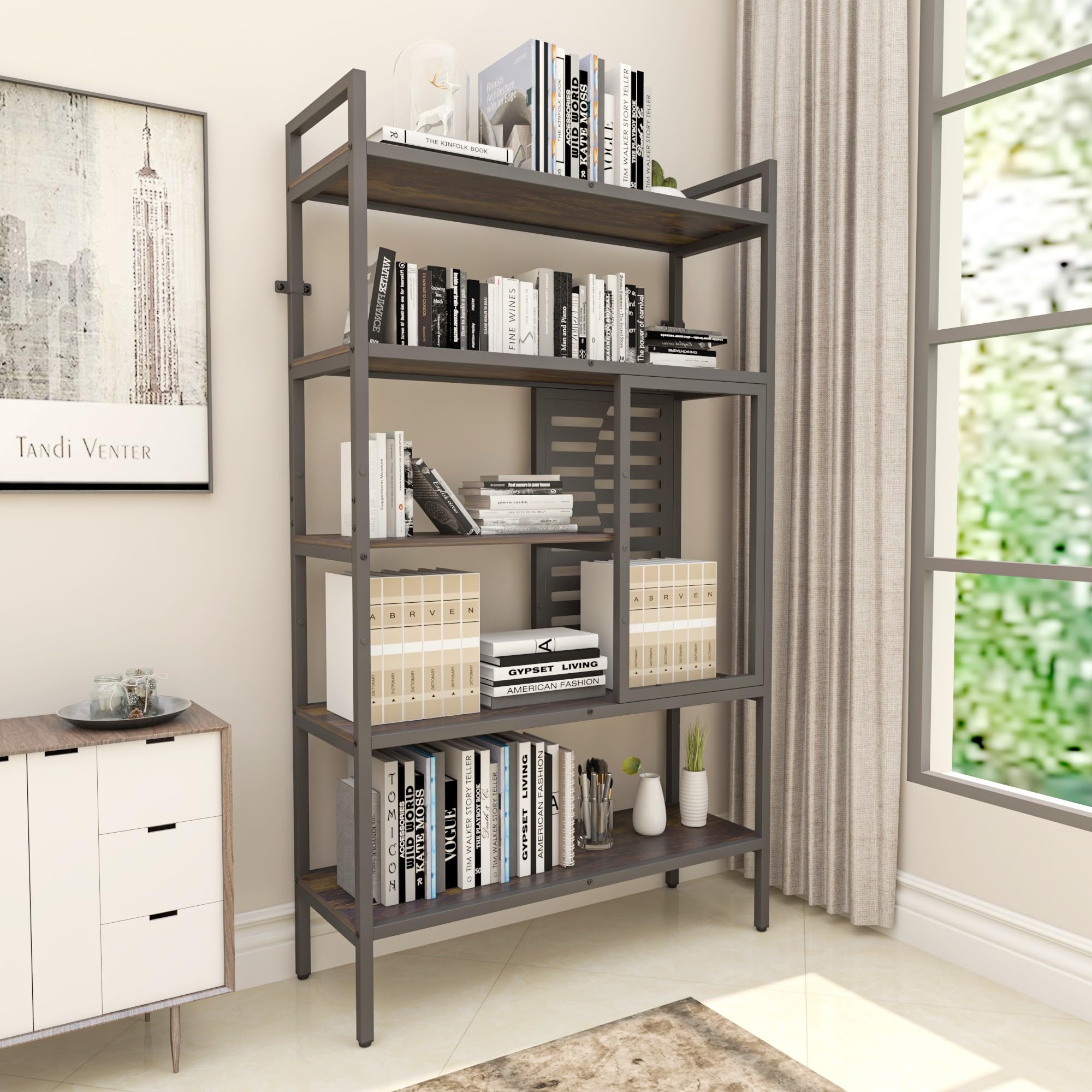 Anivia 5-Tier Modern Adjustable Bookshelf Wood Bookcase Shelves with Metal Frame for Home Office, Cherrywood and Black