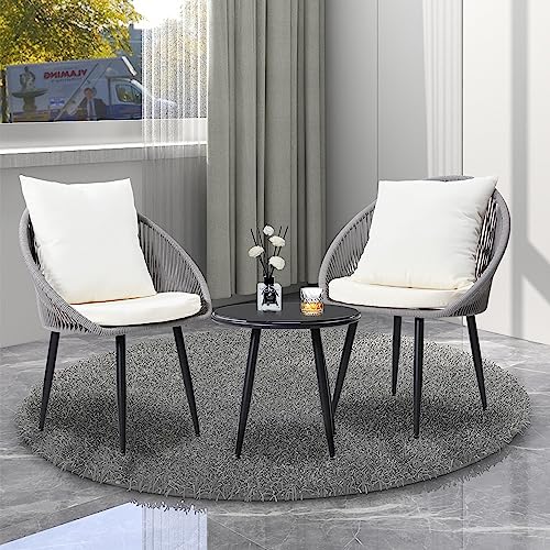 BETTAHOME 3 Piece Bistro Set, Patio Furniture Set with Cushion and Pillow, Outdoor Balcony Woven Chairs and Table, Grey and Black