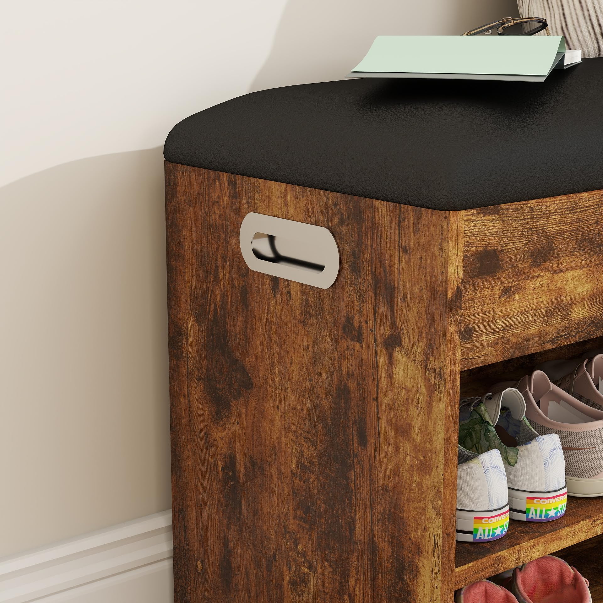 Wooden Shoe Storage Bench with Padded Cushion, 2-Tier Shoe Rack with Flip Top Storage Space Hidden Compartment for Entryway, Living Room (Wood)