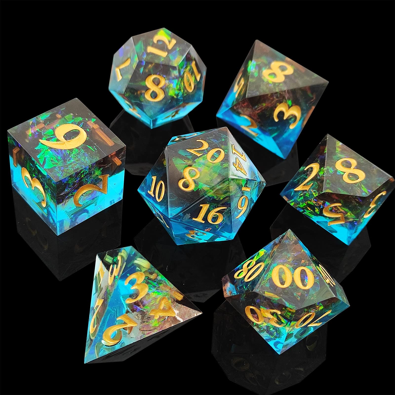 AJKDEUIH DND Dice Set 7pcs D&D Dungeons and Dragons Gifts D20 Polyhedral Sharp Edge Resin Dice Pathfinder RPG MTG Role Playing D and D Table Games Accessories with Black Storage Bag-Brown Blue