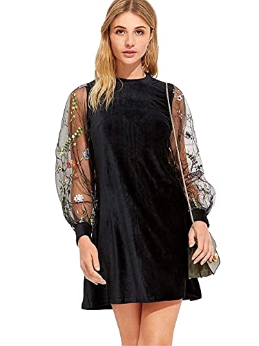 DIDK Women's Mesh Long Sleeve Pullover Tunic Dress Velvet Black XX-Large