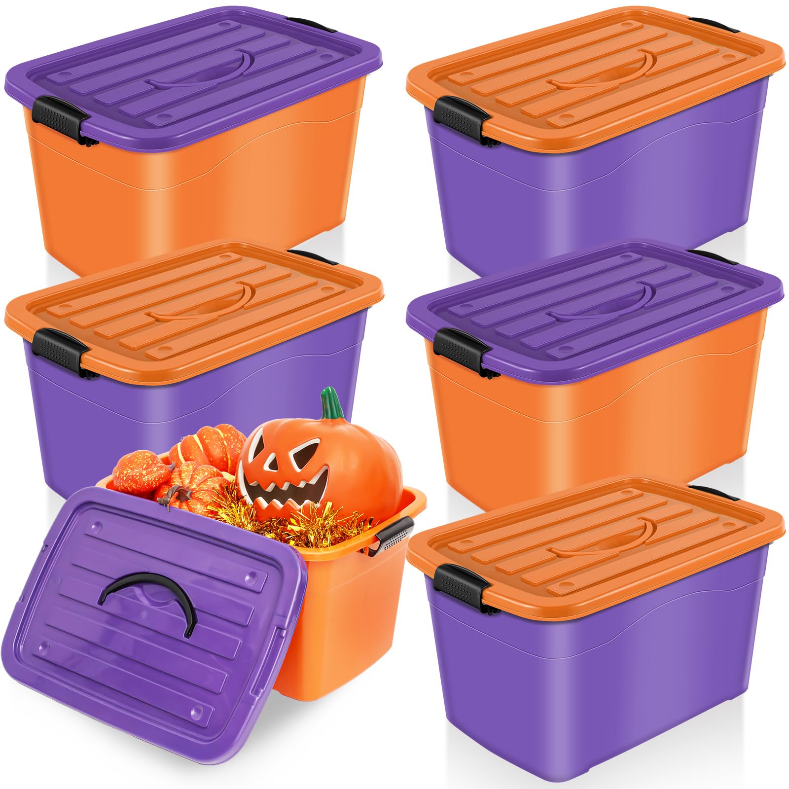 Abbylike 33 Quarts Halloween Storage Bin Holiday Seasonal Storage Totes with Lids Orange Purple Halloween Ornament Storage Containers for Halloween Home Organization Holiday Decoration(6 Pack)