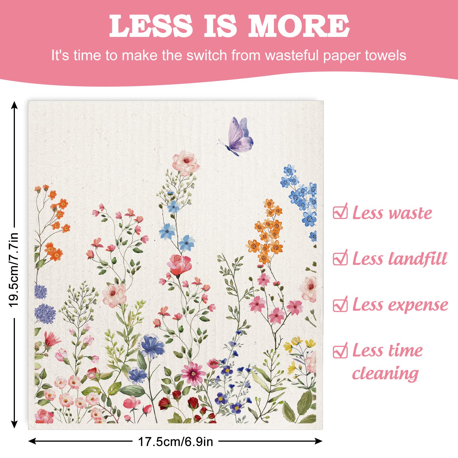 AnyDesign Wildflower Swedish Kitchen Dishcloth Watercolor Spring Flowers Butterfly Cotton Kitchen Towel Absorbent Reusable Cleaning Dishcloths for Home Party Cleaning Housewarming, 7 x 8 Inch, 4 Pack