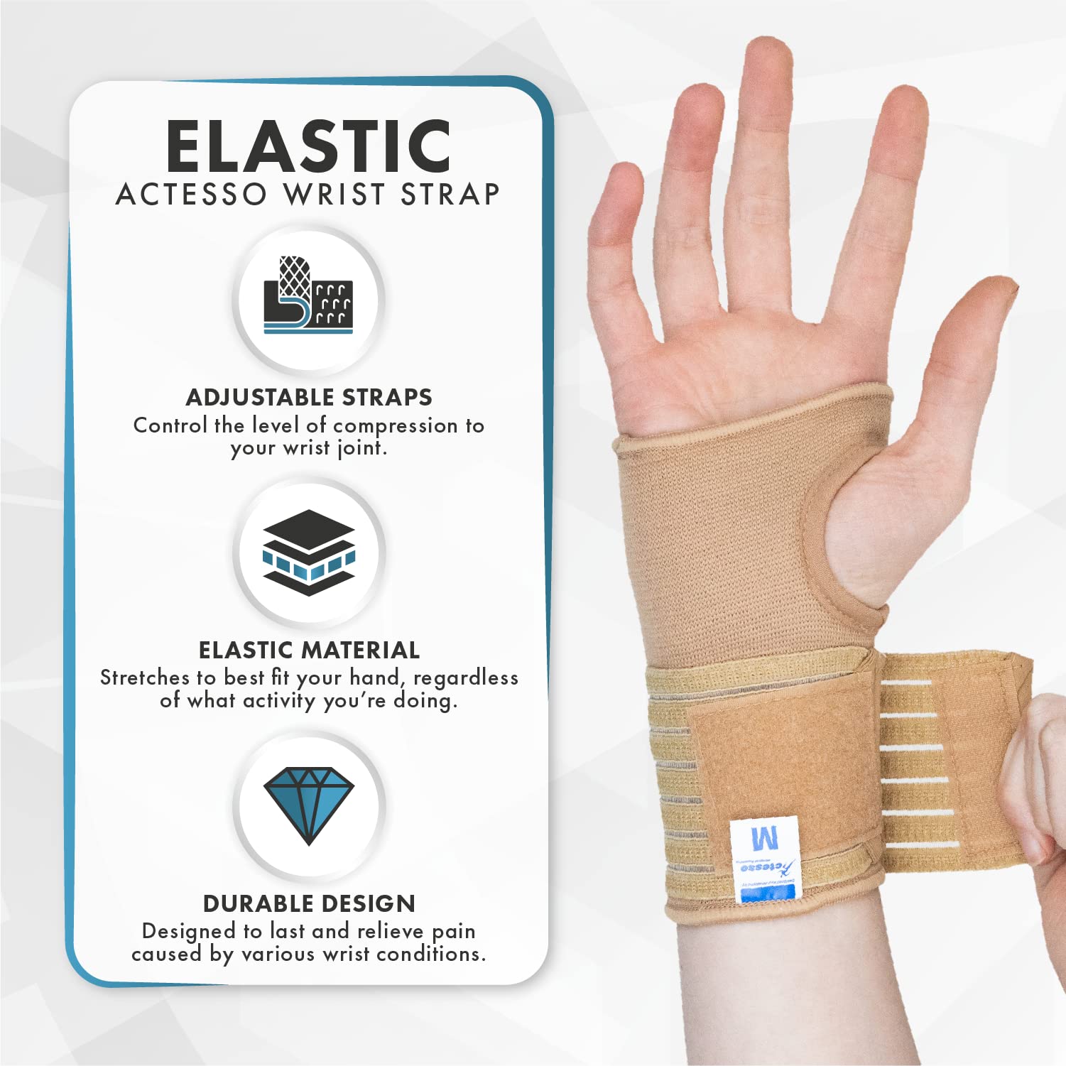 Actesso Elastic Wrist Support with Strap - Ideal for Sprains, Injury or Sports Use with no Metal bar - Support Without inhibiting Flexibility | Left or Right (Beige, Medium)