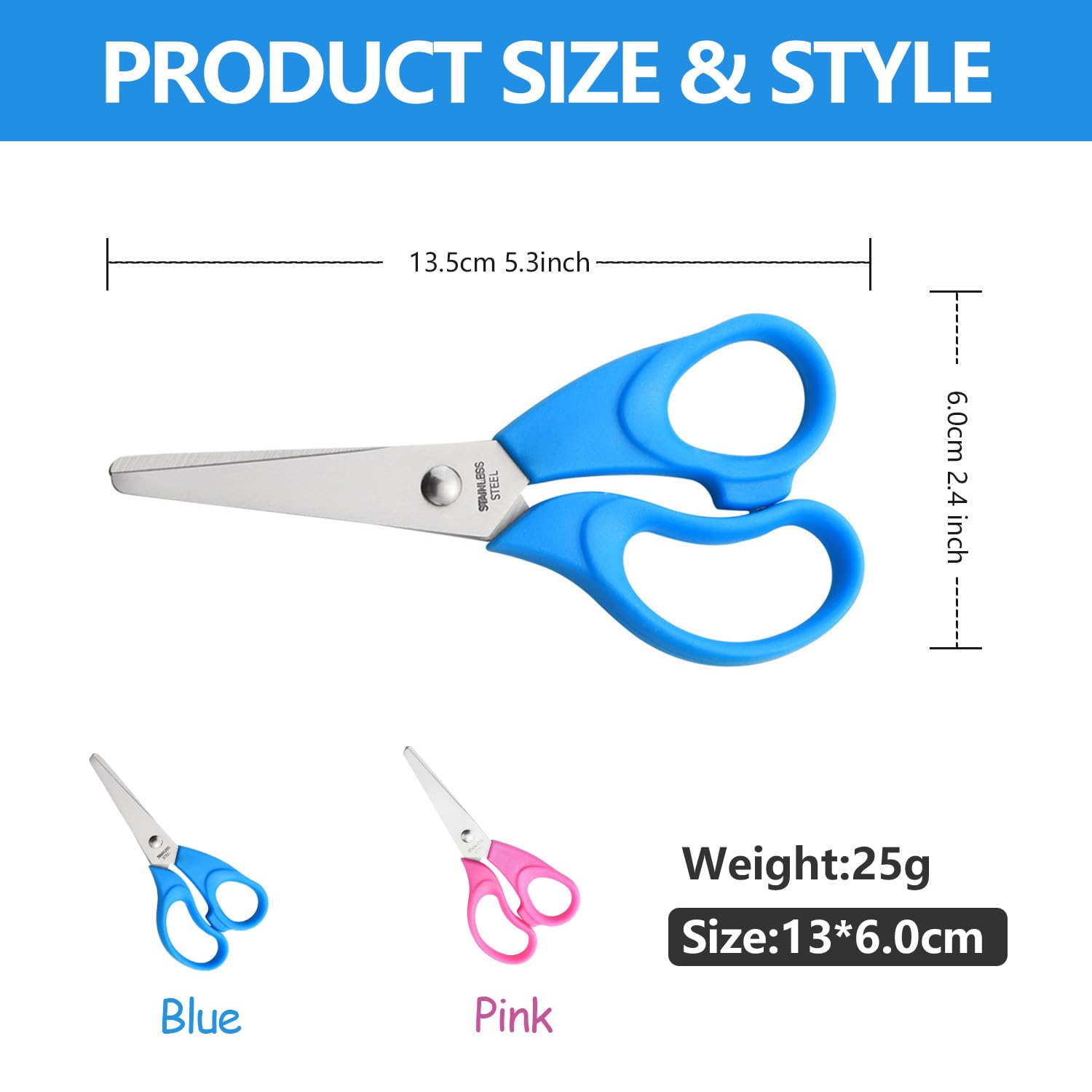 ANJOBIBI Kids Scissors, Blunt-Tip Scissors Stainless Steel Blades & plastic handle, Scissors for School or Crafting, Back to School Supplies,13.5cm, 2 Pack(Blue+Pink)