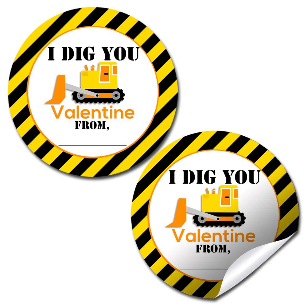 I Dig You Construction-Themed Valentine Party Favor Sticker Labels, 40 2" Party Circle Stickers by AmandaCreation, Great for Classroom Valentines, Envelope Seals, Gifts & Treats