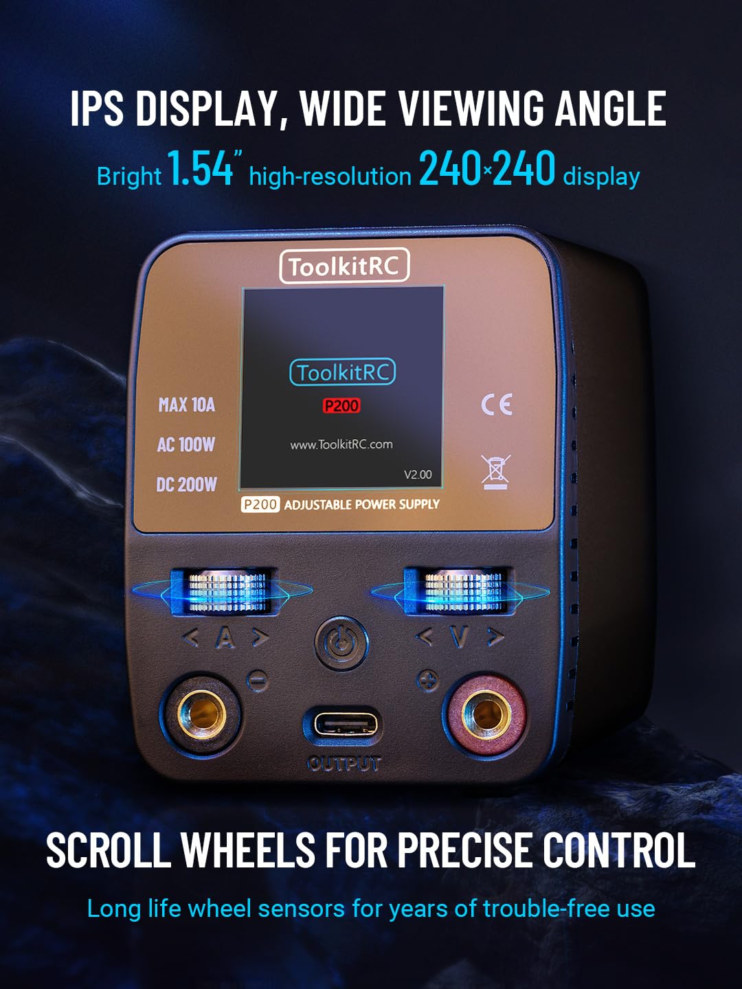 NEW ToolkitRC P200 V2 Mini 30V Supply AC100W DC200W 10A GaN Adjustable Mini Desktop Power Supply USB Output 4.0mm banana female port with TypeC 65W Output fast charging