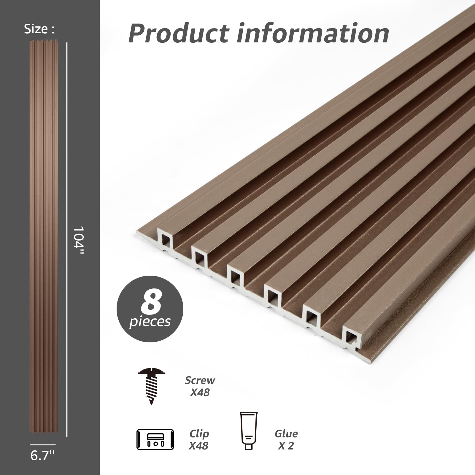 Art3dwallpanels Slat Wall Paneling, 104'' x 6.7'' Glossy Metal Finish WPC Soundproof 3D Wall Panels for Interior Wall Decor, 8 Pack Fluted Textured Panel Wall Slats, Metallic Silver Dark Gray