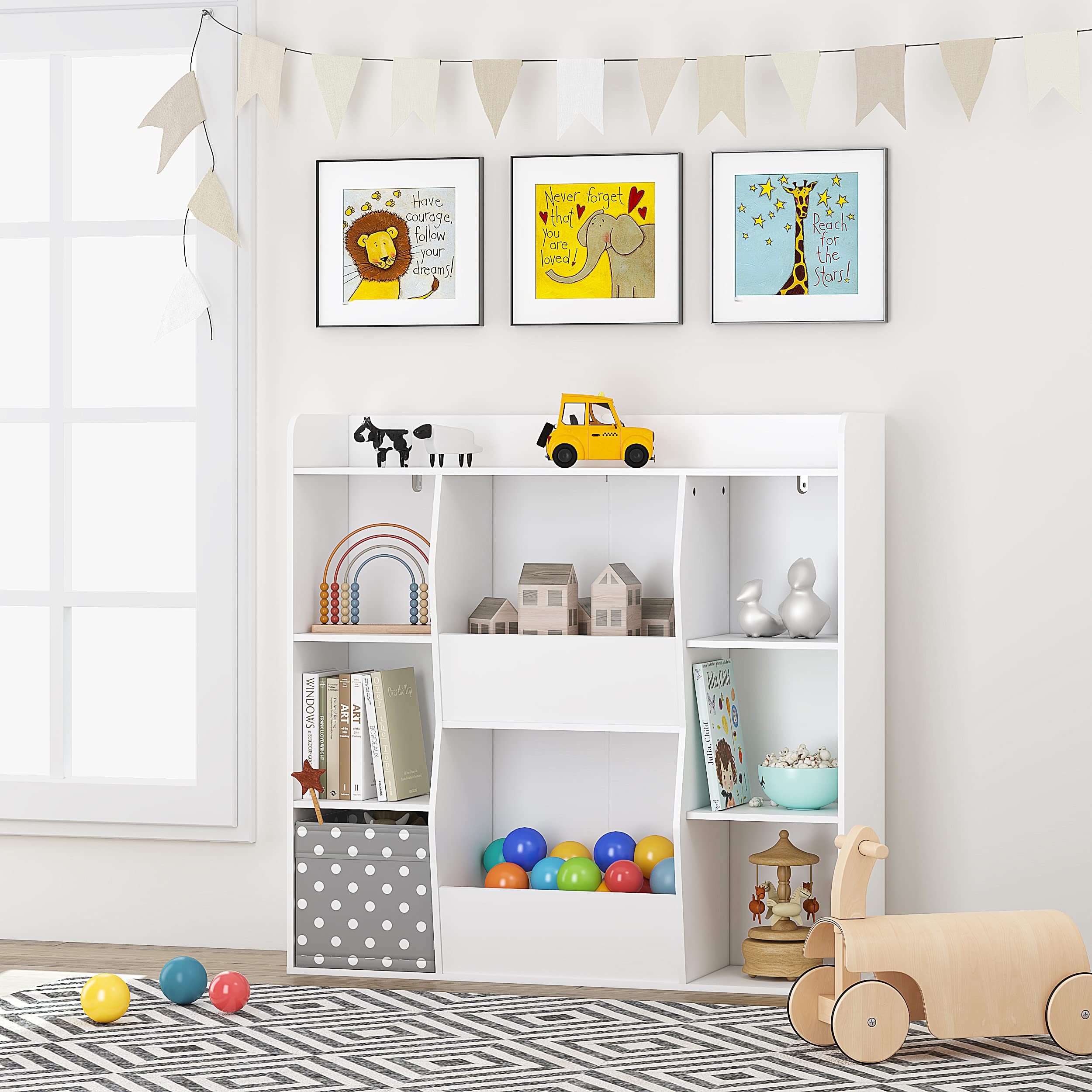 UTEX Kids Toy Storage and Bookshelf, Multifunctional Bookcase with 8 Cubbies and Bins, Open Kids Bookshelf Organizer Display Stand, Large Toy Storage Cabinet for Kids Room, Classroom, Nursery, White