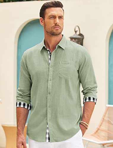 COOFANDY Mens Shirt Plaid Spread Collar Business Casual Work, Light Green, Large, Long Sleeve