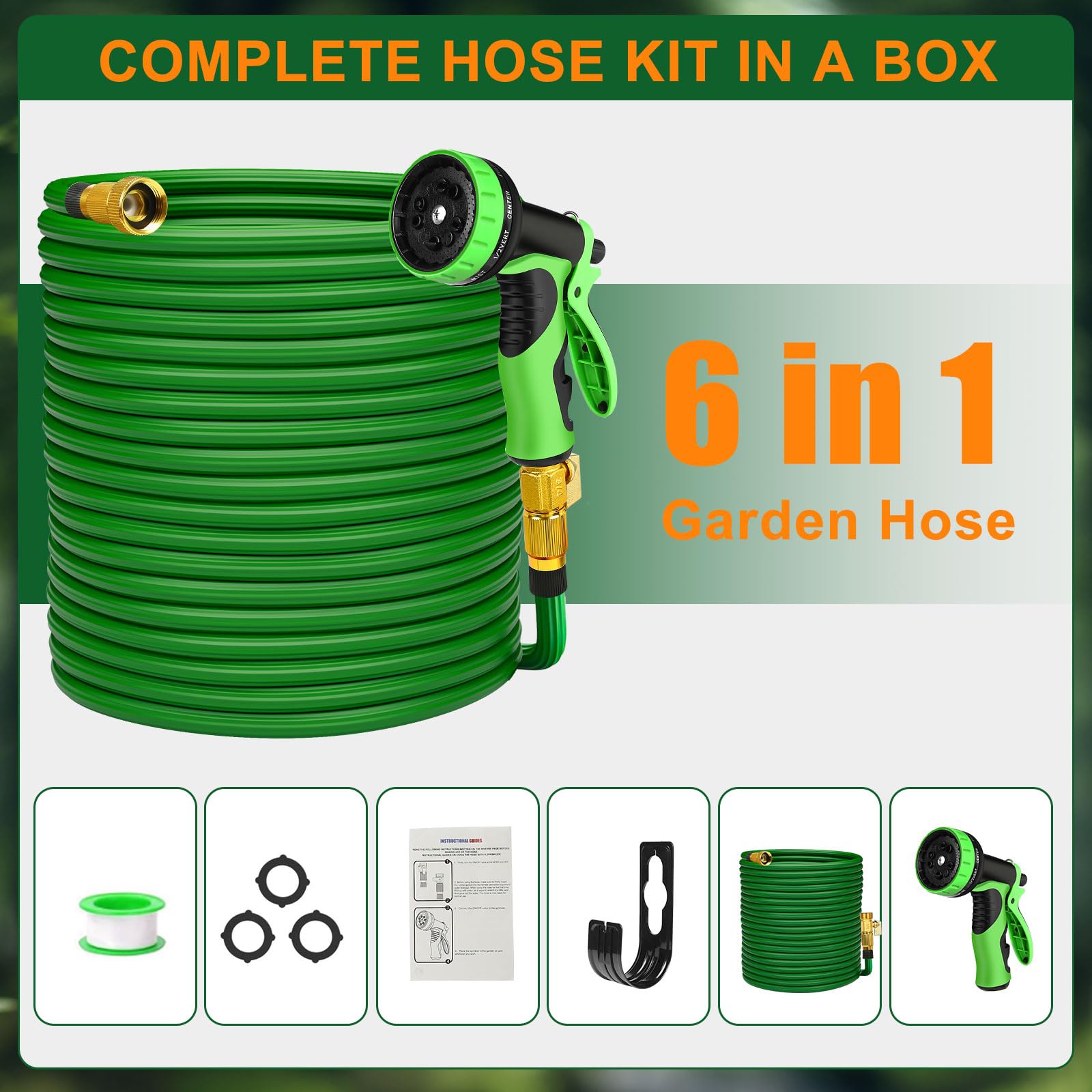 Ajokysho Garden Hose, 100ft Expandable Garden Hose with 10 Functions Spray Nozzle, Water Hose with 3/4"" Solid Brass Connector, Flexible and Leakproof Water Pipe for Car Washing, Green, SG-100FT