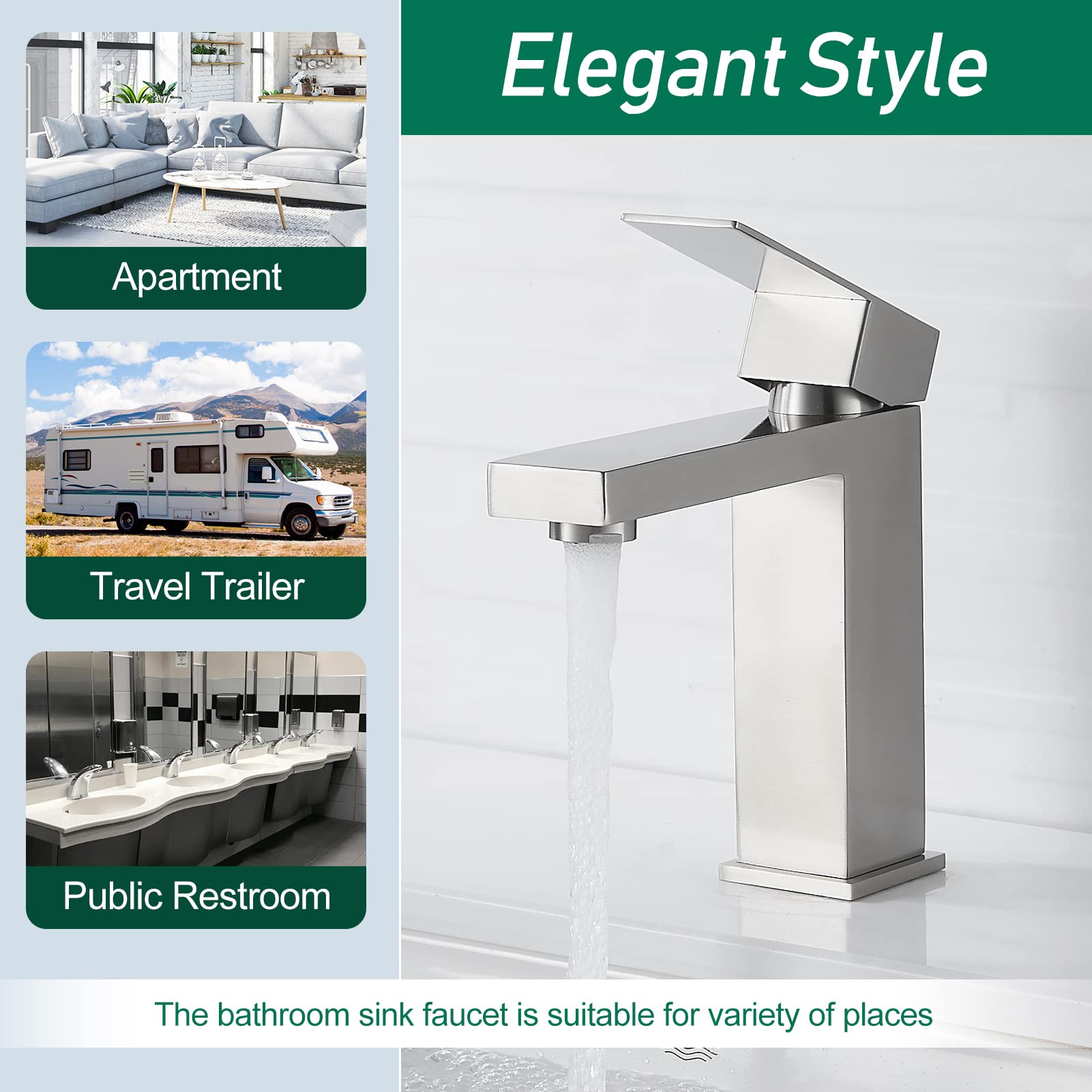 VOTON Brushed Nickel Bathroom Faucets Single Handle Modern Vanity Sink Faucet 1 Hole or 3 Hole with Deck Plate and Water Supply Hoses, Stainless Steel Bathroom Faucet Lead-Free