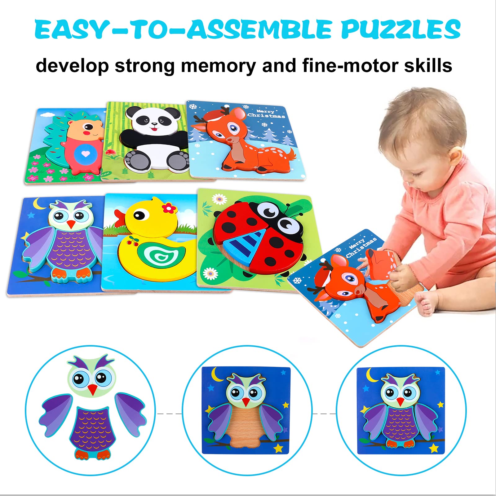 GINMIC Wooden Puzzles for Toddlers, Boys & Girls Educational Preschool Toys Gift with 6 Animals Patterns, Puzzles for 3 Year olds.