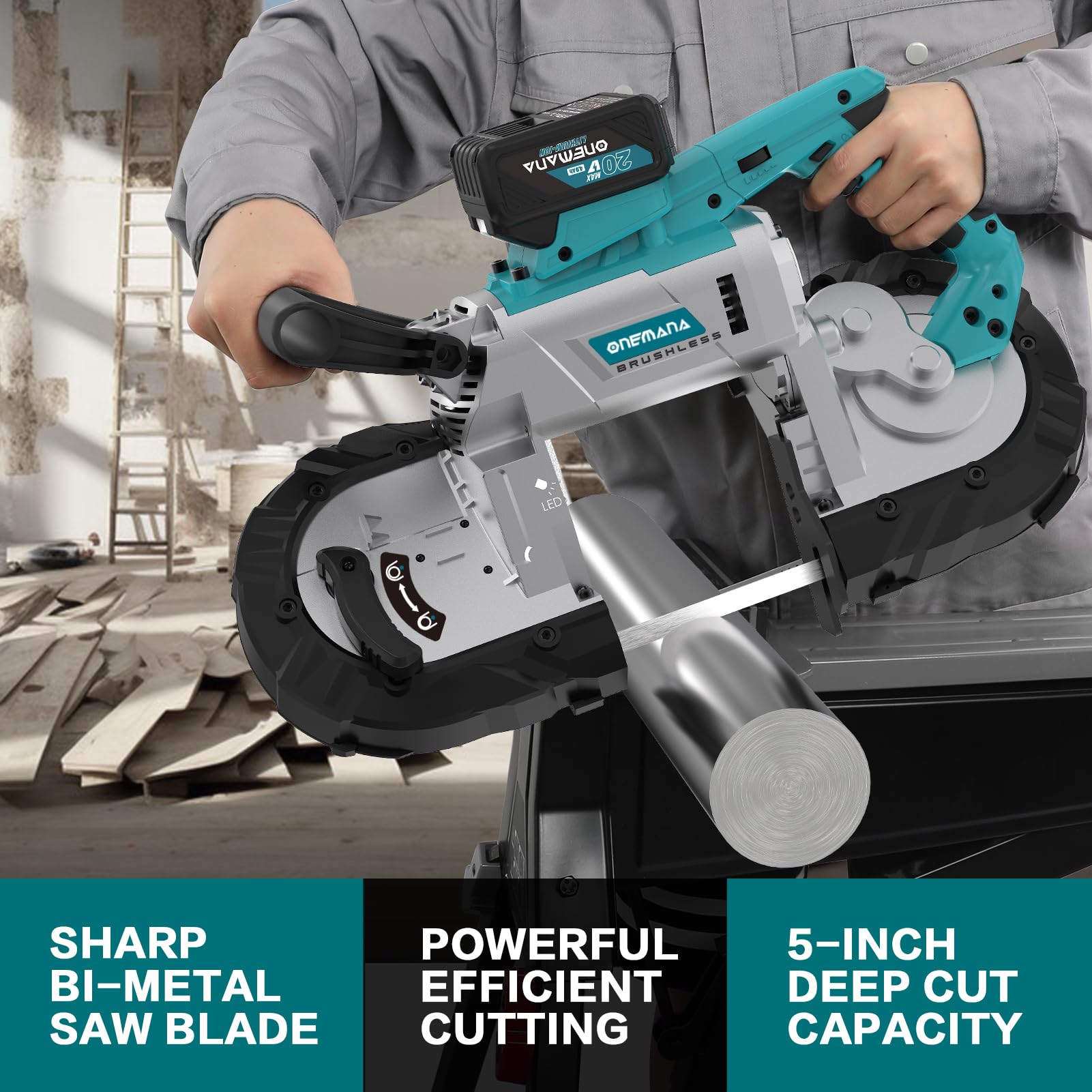 ONEMANA 5 inch Cordless BandSaw,20V Cutting Capacity Brushless Metal Band Saw,Not Hot Sparks, Portable BandSaw for Deep Cut with 6 Speeds Adjustable( Battery Included)