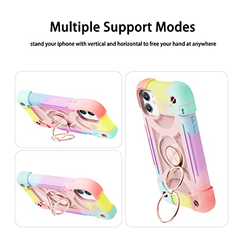 Cookiver for iPhone 11 Case 6.1 Inch with Ring Stand, with 2 Pack Glass Screen Protector ，Heavy-Duty Shockproof Rugged Military Grade Cover with Magnetic Car Mount for iPhone 11 (Rainbow Pink)