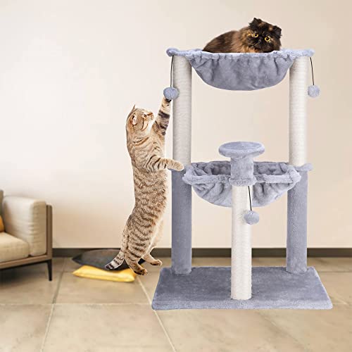 Dimaka Cat Tree Tower with 2 Big Soft Spacious Top Hammocks for Indoor Cats,Multi-Level Cat Furniture with 3 Dangling Balls for Adult Cats,Gray(33.5" Tall)
