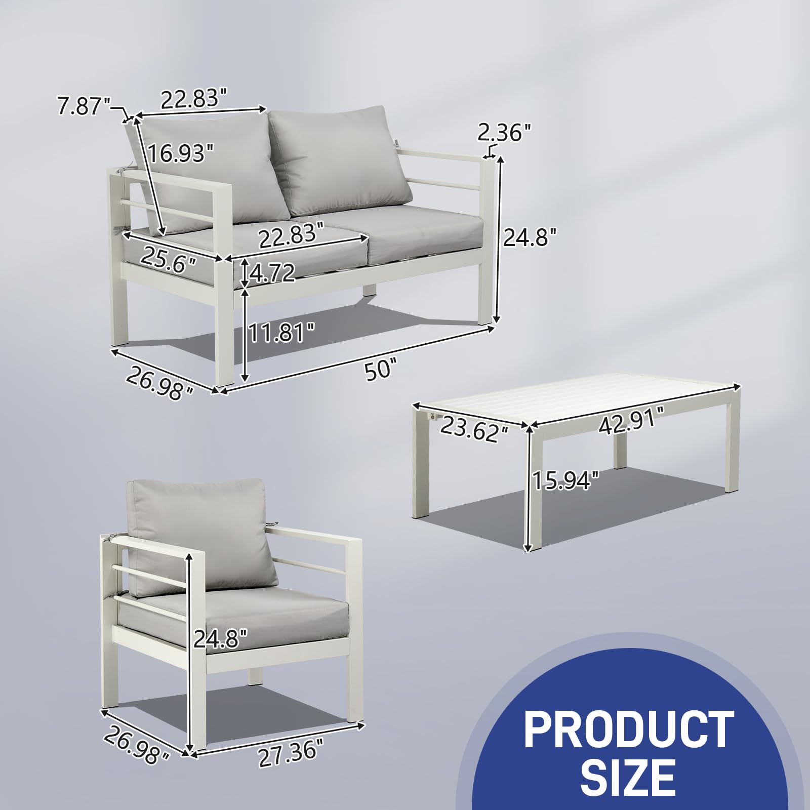 VINGLI Outdoor Furniture 4 Pieces Modern Aluminum Patio Furniture Set, Patio Sofa Set Outdoor Patio Conversation Sectional Set for Lawn, Garden, Backyard (White)