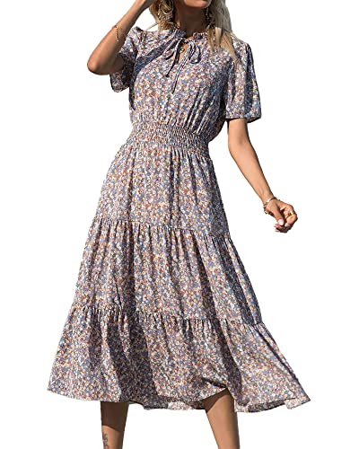 BTFBM Women's 2023 Summer Casual Boho Dress Floral Print Tie V Neck Short Sleeve Elastic Waist A-Line Midi Beach Dresses(Floral Blue, Large)