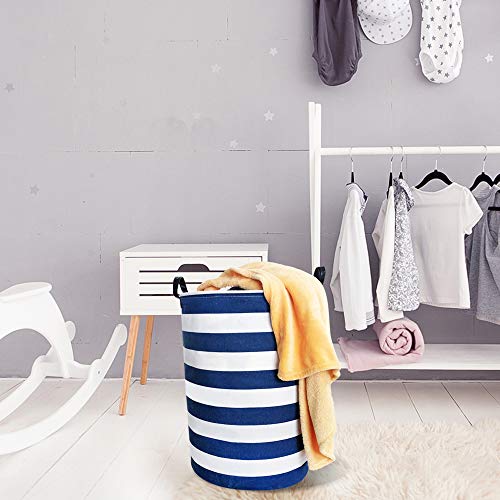 Large Nursery Laundry Basket, BigXwell 22 inch Tall Baby Laundry Basket Collapsible Hamper with Easy Carry Extended Sturdy Handles, Blue and White Thickened Canvas Kids Laundry Hamper for Storage