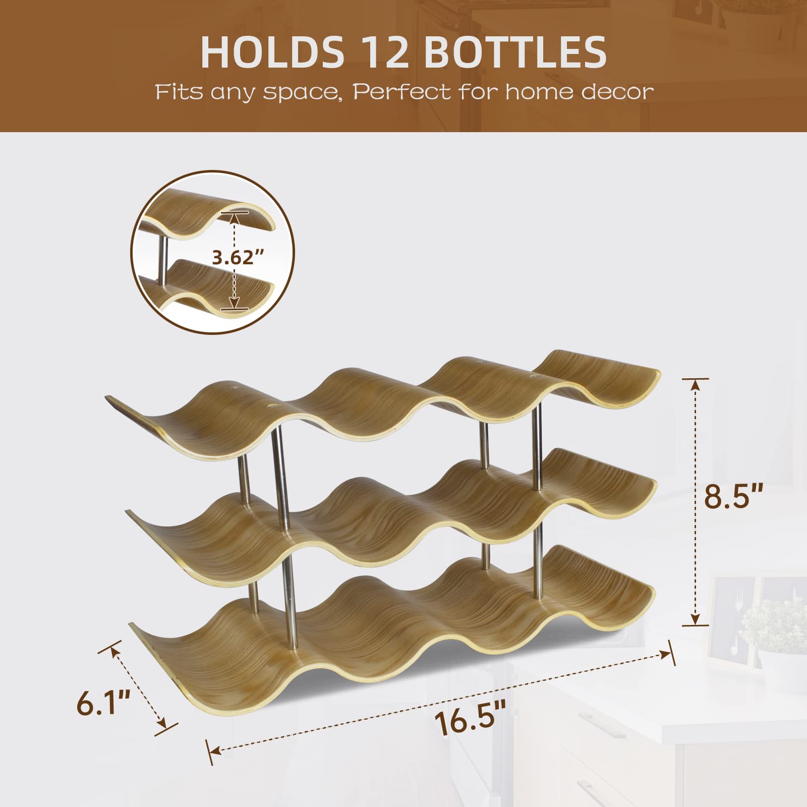 Bellglee 12 Bottles Wine Racks Countertop for Shelf, 3-Tier Wooden Wine Bottle Holder Stand, freestanding Wine Storage for Inside Cabinet Organizer for Home Décor, Bar and Pantry