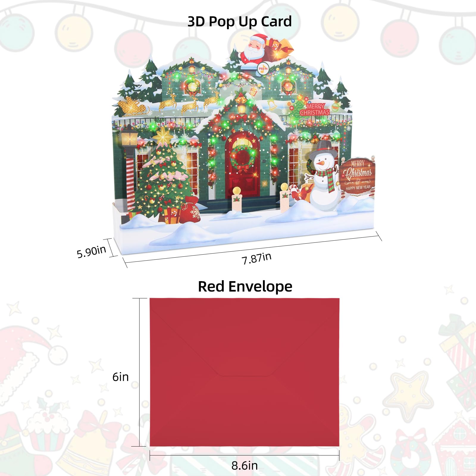XTF2015 Christmas Greeting Cards Christmas Gift 3D Pop Up Christmas Gift Card with Musical & Christmas Home Animated Lights, Plays 3 Christmas Melody with Matching Flashing Lights