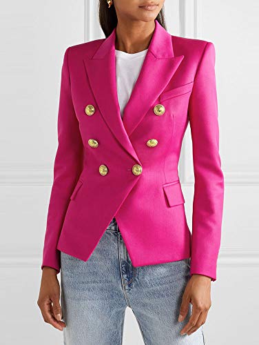 chouyatou Women's Vintage Double Breasted Slim Fit Dress Suit Blazer Jacket (Large, Hot Pink)